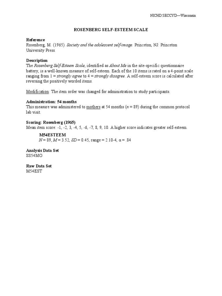 Rosenberg Self-Esteem Scale ID | PDF