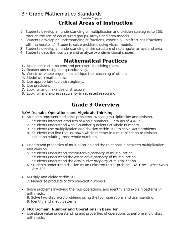 3rd Grade Math Standards Overview | PDF | Area | Multiplication