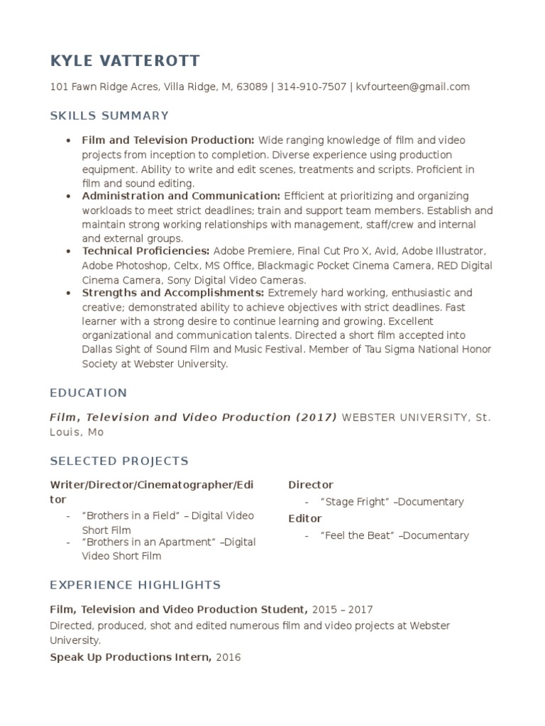 Kyle Vatterott: Film Production Profile | PDF | Career & Growth | Business