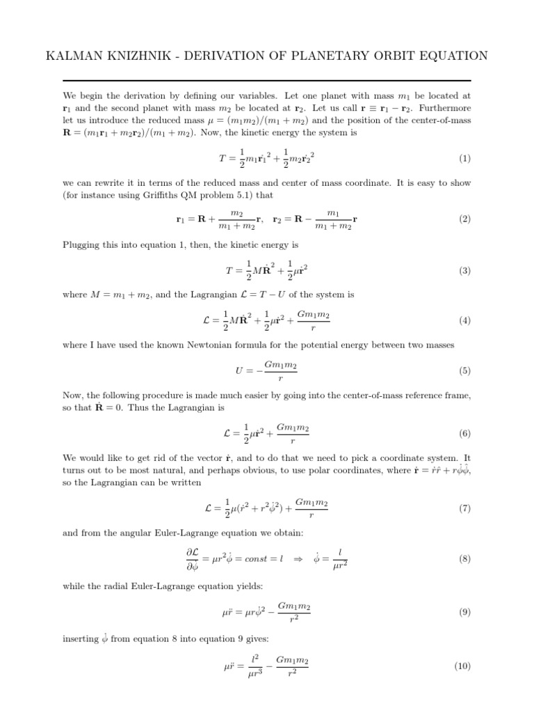 Derivation of Planetary Orbit Equation | PDF | Orbit | Lagrangian Mechanics