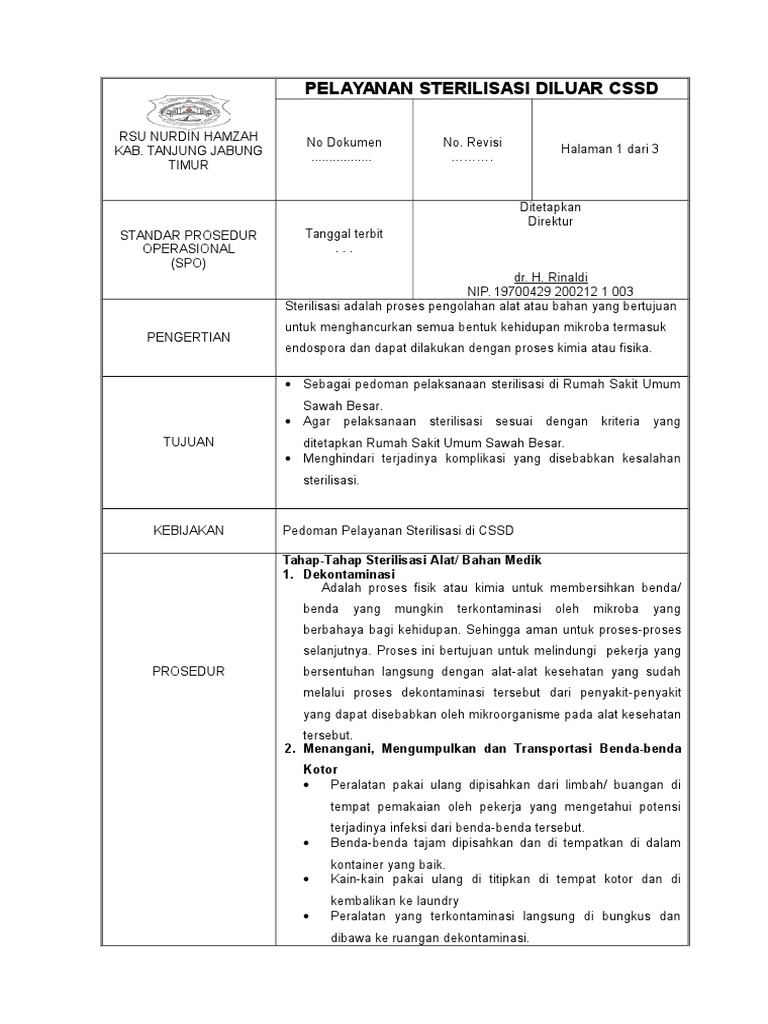 Spo Sterilisasi Diluar CSSD | PDF