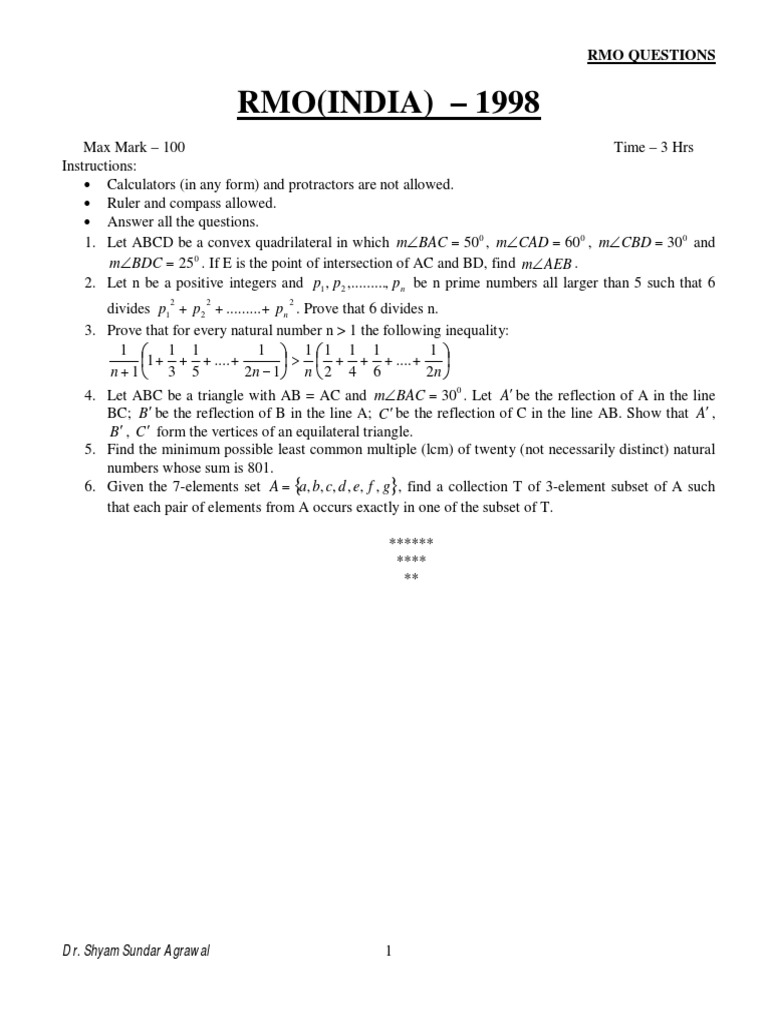 RMO India 1998 Mathematics Questions | PDF | Art
