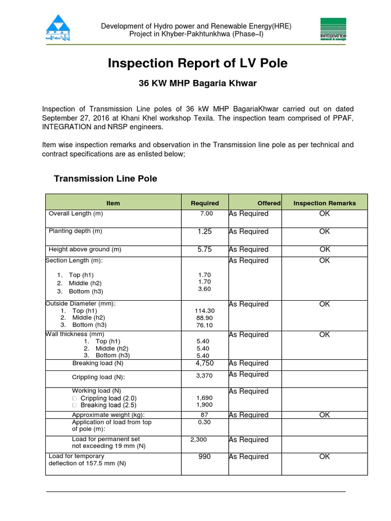 Poles Inspection Report Docx PDF | PDF | Wire | Ultimate Tensile Strength