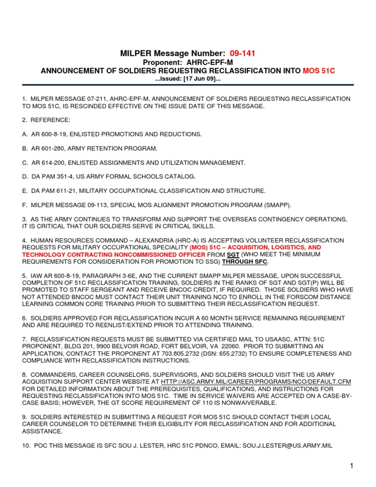Announcement of Soldiers Requesting Reclassification Into Mos 51C | PDF ...