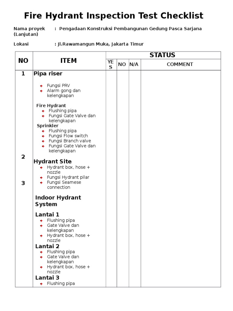 Fire Hydrant Inspection Test Checklist | PDF