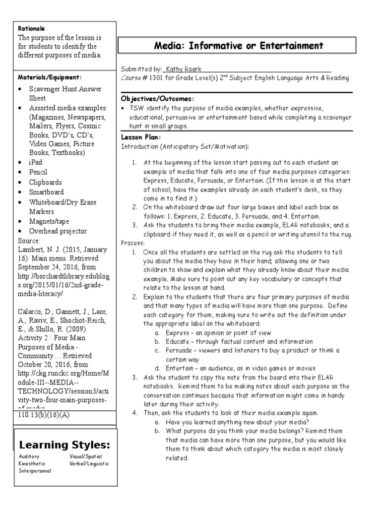 Educ 1301 - Lesson 1 - Literacy Lesson Plan | PDF | Lesson Plan | Educational Assessment