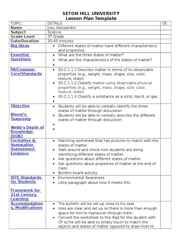 Seton Hill University Lesson Plan Template: Name Subject Grade Level ...