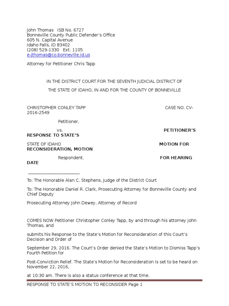 Chris Tapp's Reply To State's Motion To Reconsider | PDF | Polygraph ...