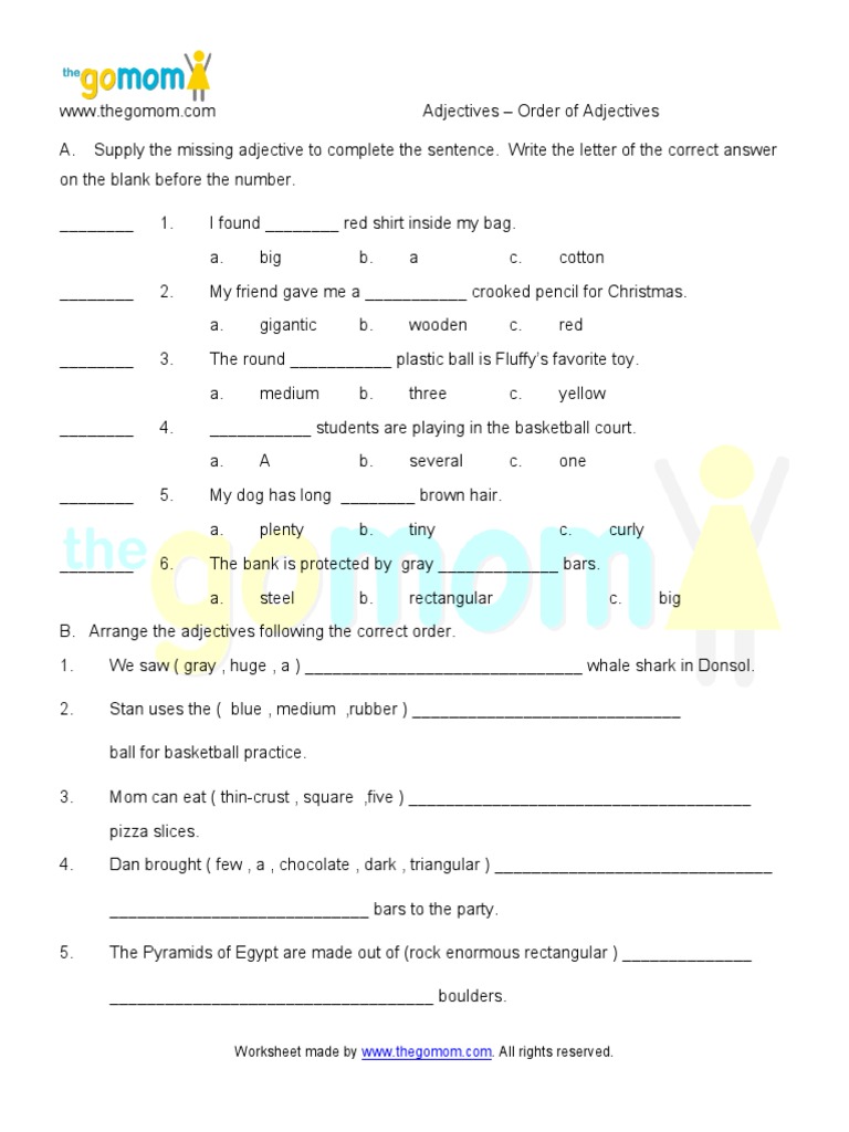 Ordering Adjectives: A Practice Worksheet on Following Rules of ...