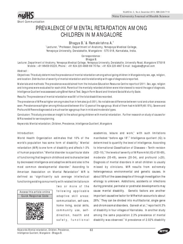 Bhagya B. & Ramakrishna A2013 Prevalence of MR in Mangalore | PDF | Intellectual Disability ...
