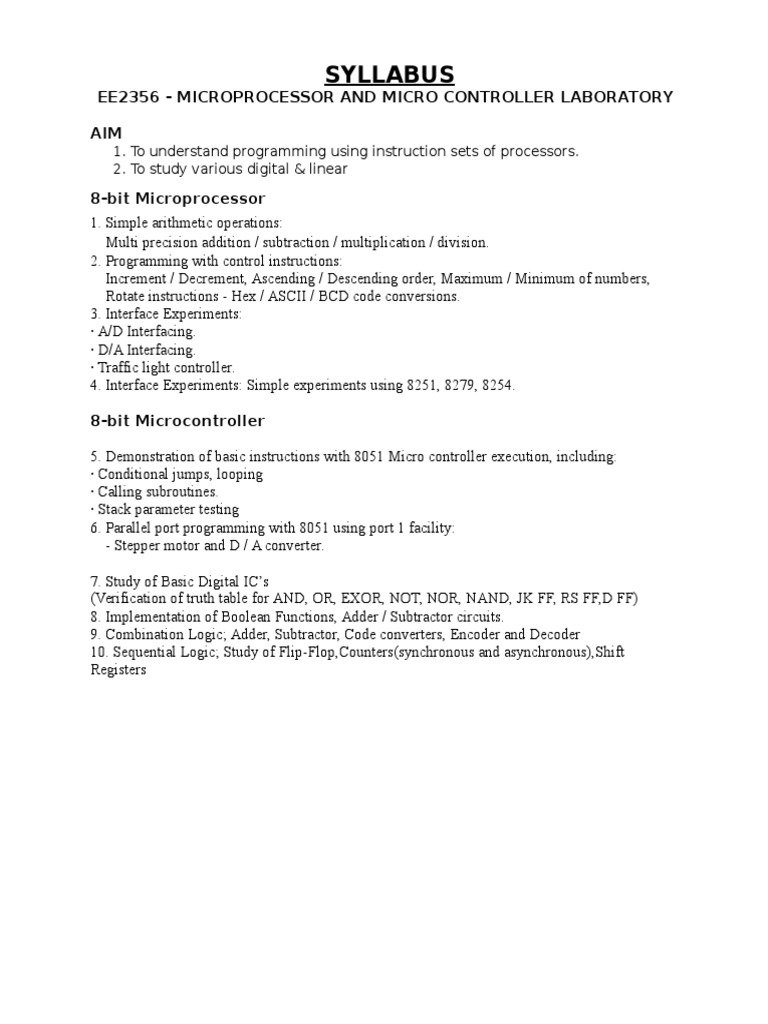 Syllabus: Ee2356 - Microprocessor and Micro Controller Laboratory AIM | PDF
