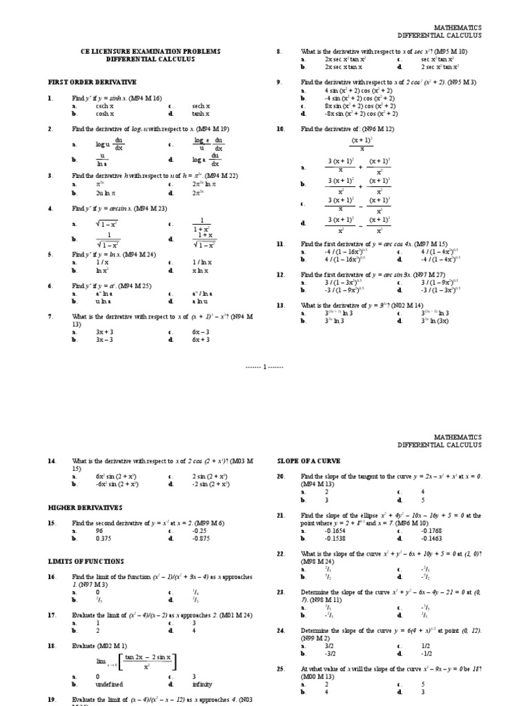 CE Board Problems in Differential Calculus | PDF | Tangent | Curvature