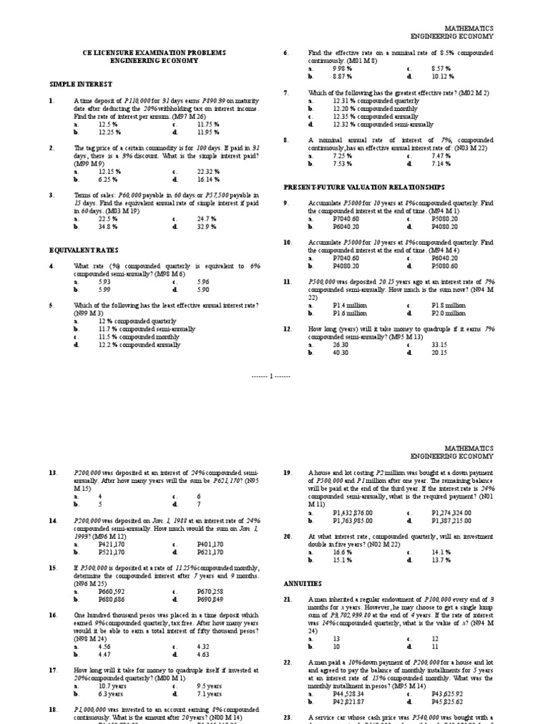 Engineering Economy Exam Problems | PDF | Present Value | Depreciation