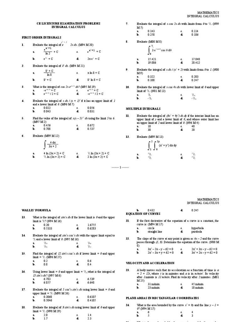 CE Board Problems in Integral Calculus | PDF | Integral | Calculus