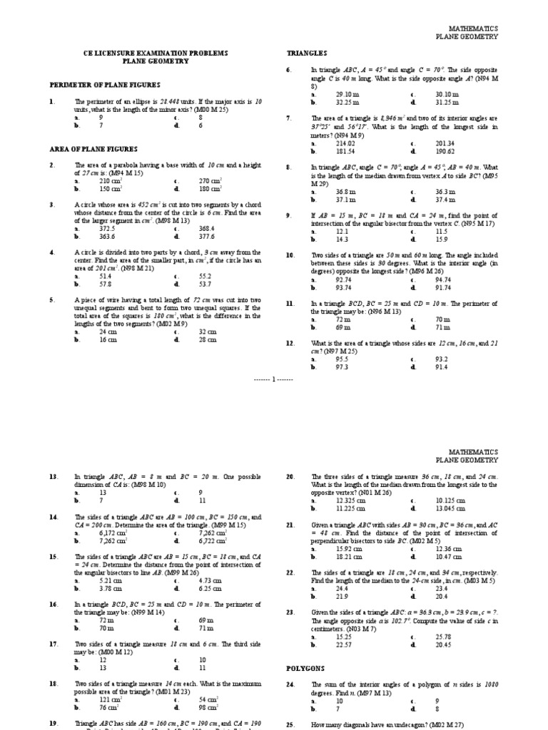 CE Board Problems in Plane Geometry | PDF | Triangle | Circle