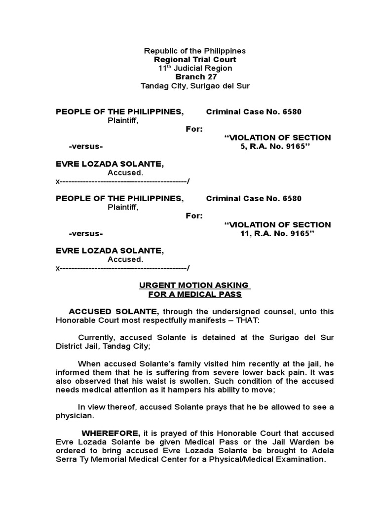 Motion For Medical Pass | PDF