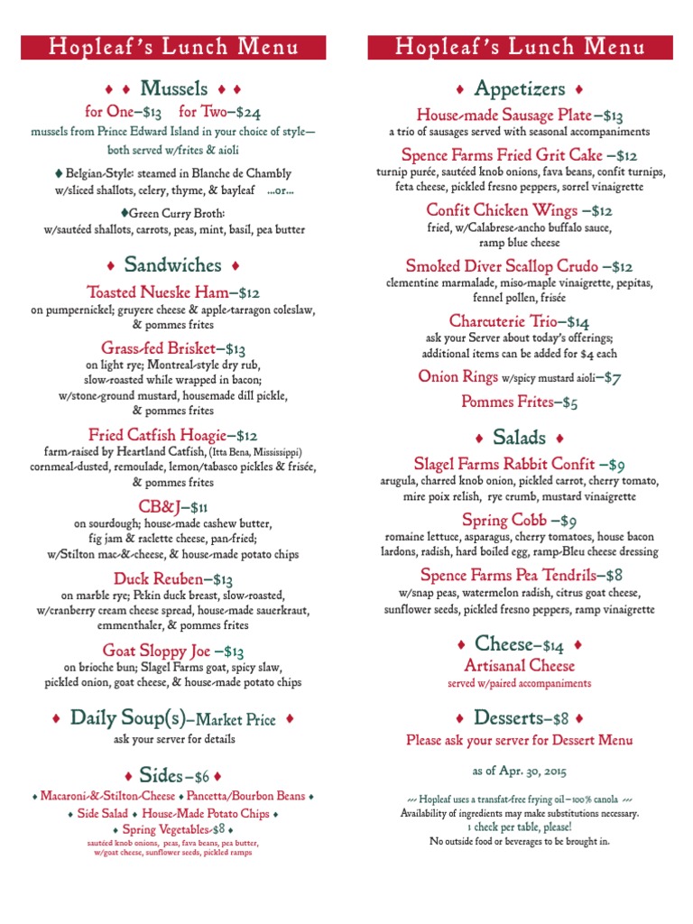 Hopleaf's Lunch Menu Hopleaf's Lunch Menu: Mussels Appetizers | PDF ...