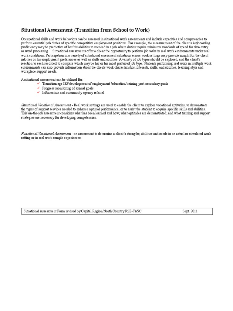 Situational Assessment Tool Transition To Work | PDF | Educational ...