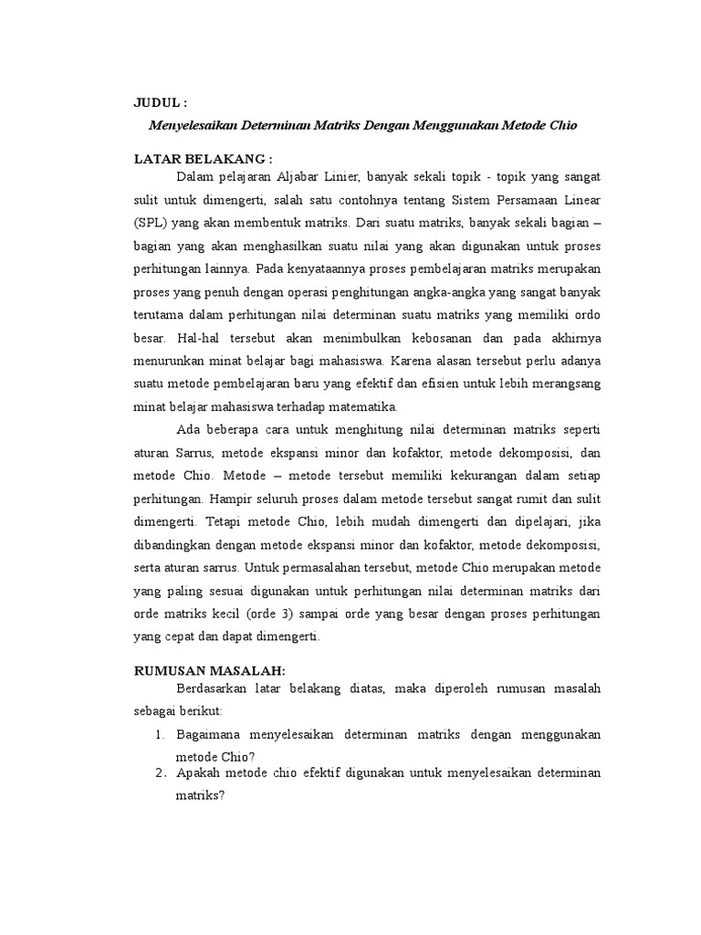 Metode Chio: Efisiensi Hitung Determinan | PDF | Komputer