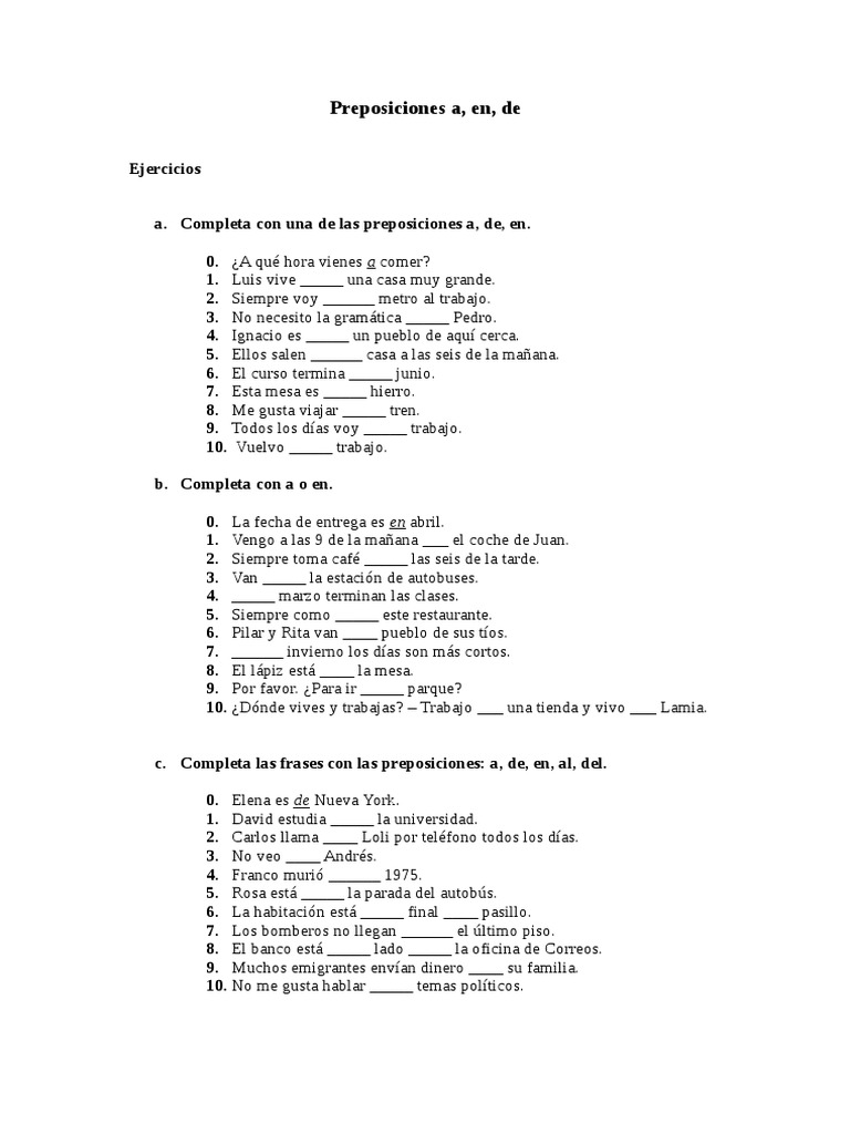 Ejercicios Con Las Preposiciones A, En, de | PDF