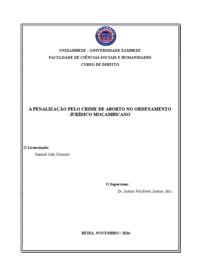 Capa Projecto - Aborto Samuel Dionisio | PDF