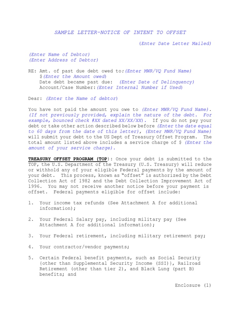 Notice Letter to Offset | Collection Agency | Supplemental Security Income