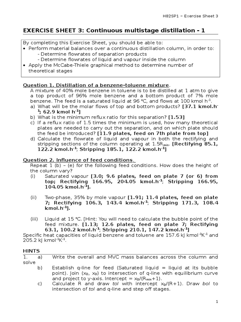 Exercise Sheet 3 Continuous Multistage Distillation - 1 | PDF ...