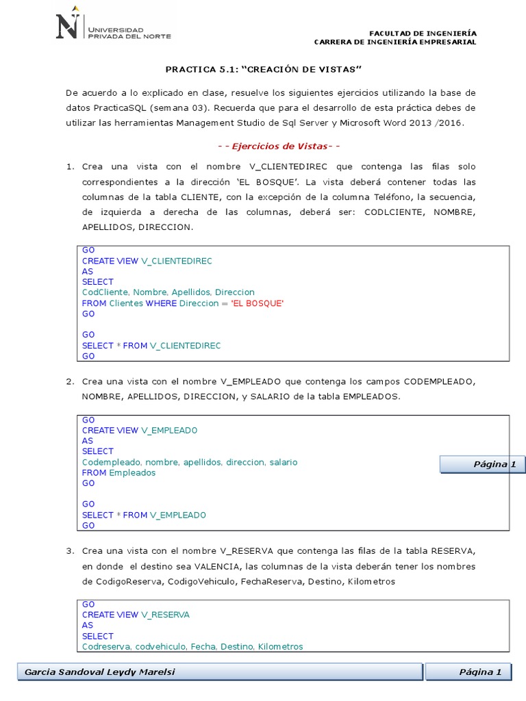 Creación de Vistas | PDF | Tabla (base de datos) | Servidor SQL de ...