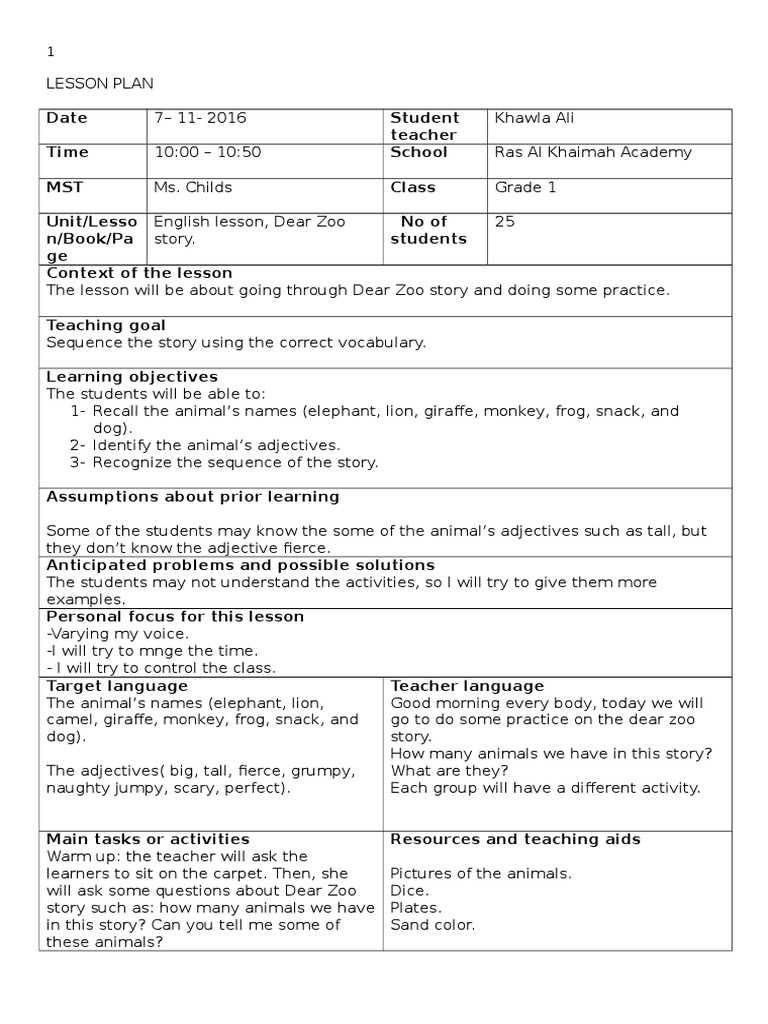 lesson plan -dear zoo | Lesson Plan | Pedagogy