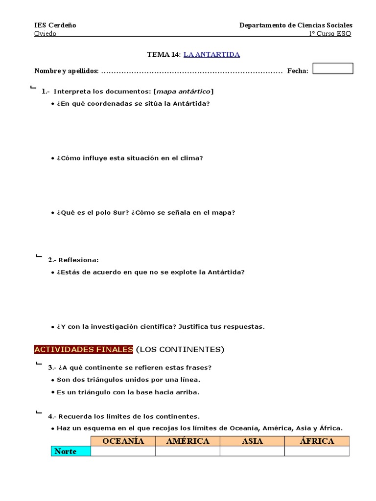 Ficha de Trabajo - La Antartida y Los Continentes | PDF