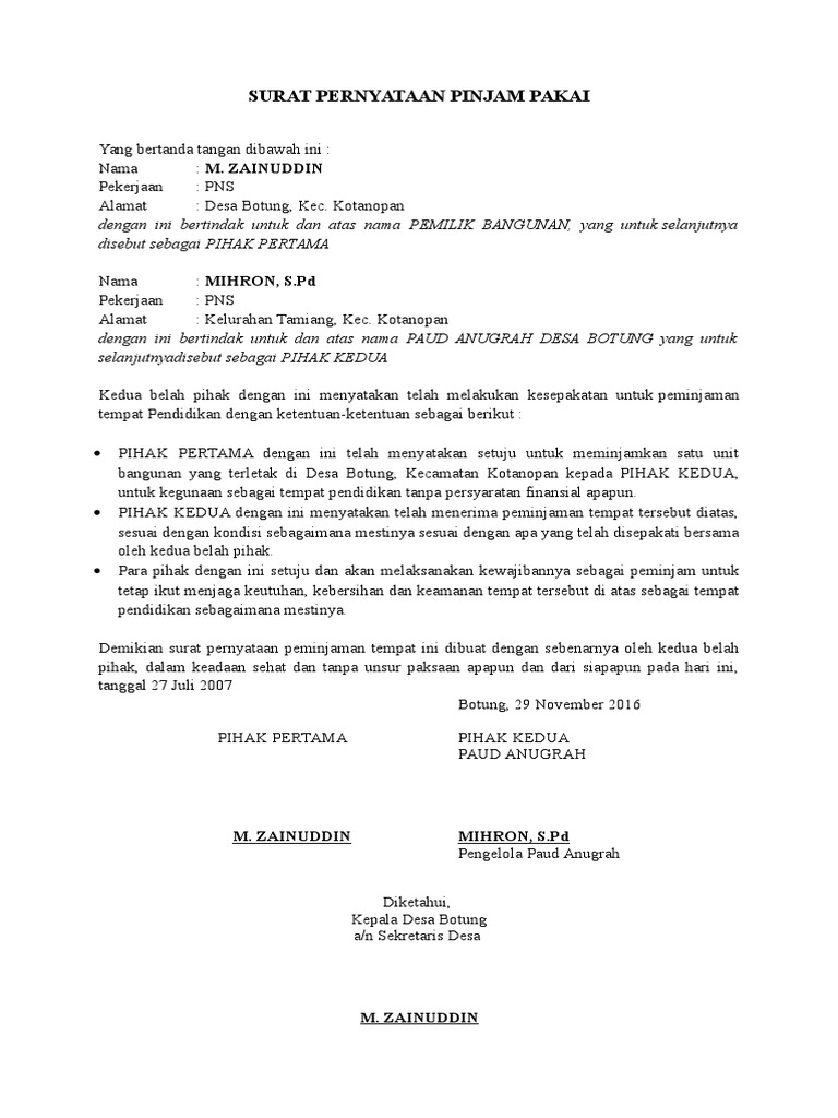 Surat Peminjaman Gedung PAUD Anugrah | PDF