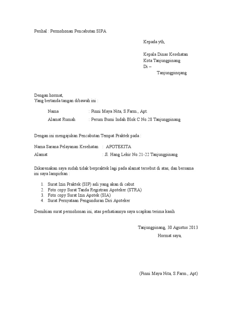 Permohonan Pencabutan SIP - Surat Ijin Praktek | PDF
