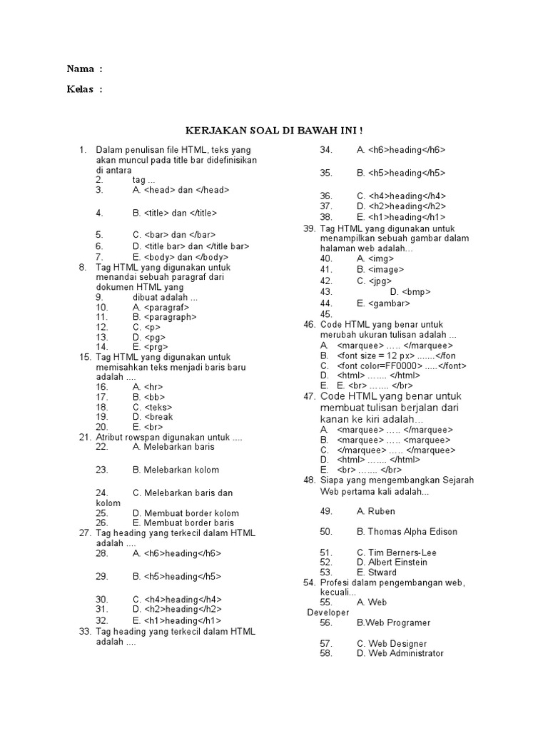 Soal HTML untuk Pelajar | PDF