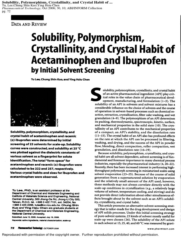 Solubility, Polymorphism, Crystallinity and Crystal Habit of ...