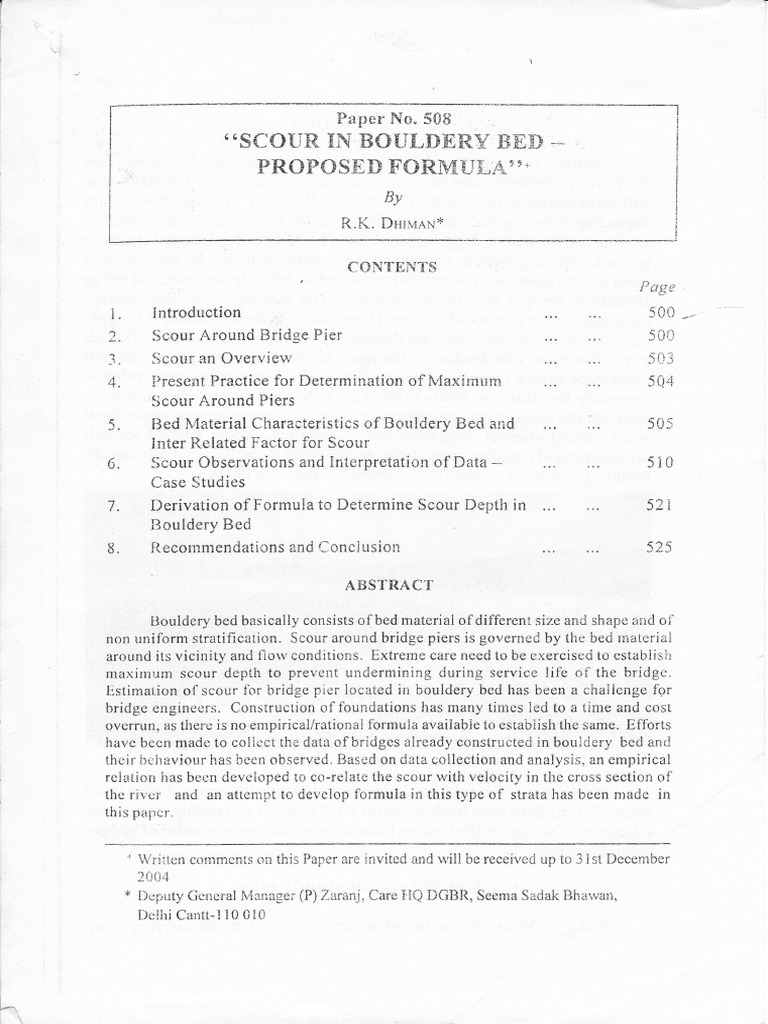Scour in Bouldery Bed Proposed Formula (IRC PAPER NO 508) | PDF | Civil ...