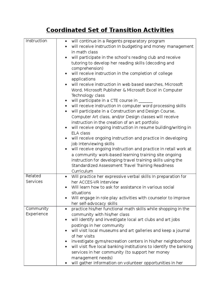 Coordinated Set of Transition Activities | PDF | Employment | Learning