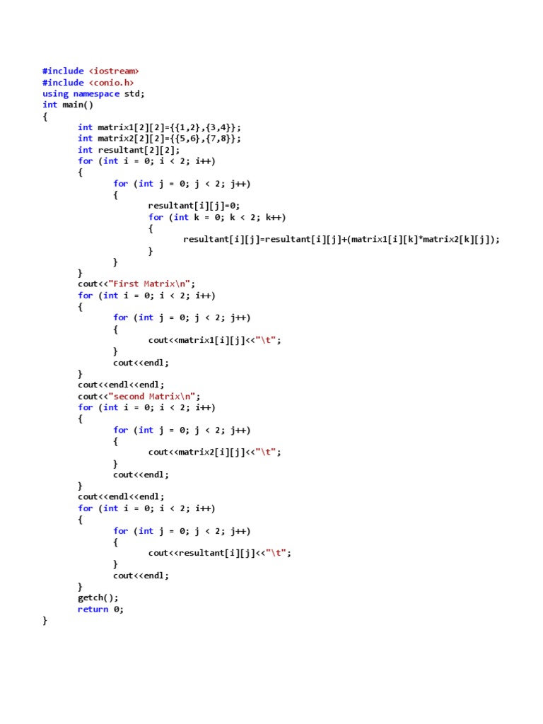 Calculating the Product of Two 2x2 Matrices Using a Nested Loop | PDF