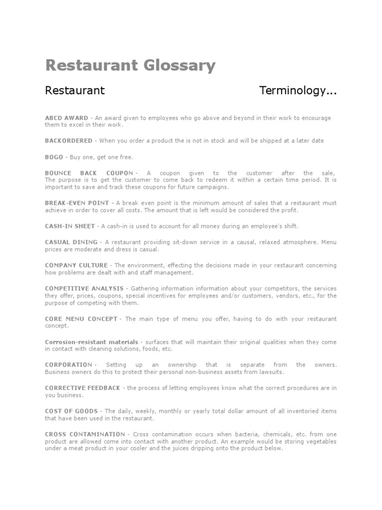 Restaurant Glossary | PDF | Food And Drink | Restaurant And Catering