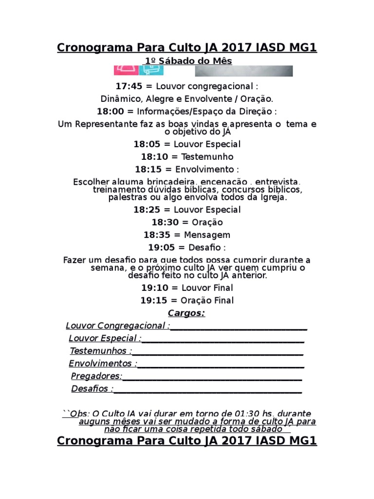 Cronograma para Culto JA IASD 2017 | PDF | Santo | Igreja Adventista do ...