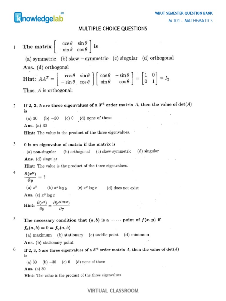 Multiple Choice Questions: M 101 Mathematics | PDF
