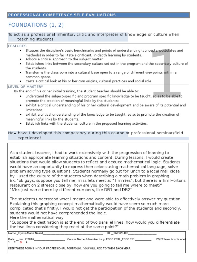Professional Competency Self Evaluation Sheets | PDF | Educational ...