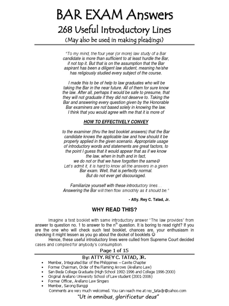 Bar Exam Answers Useful Introductory Lines | Download Free PDF ...