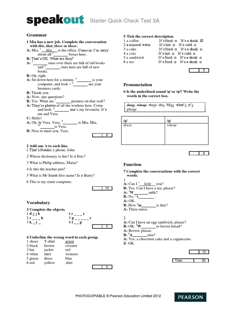 Starter Quick Check Test 3A: Grammar | PDF