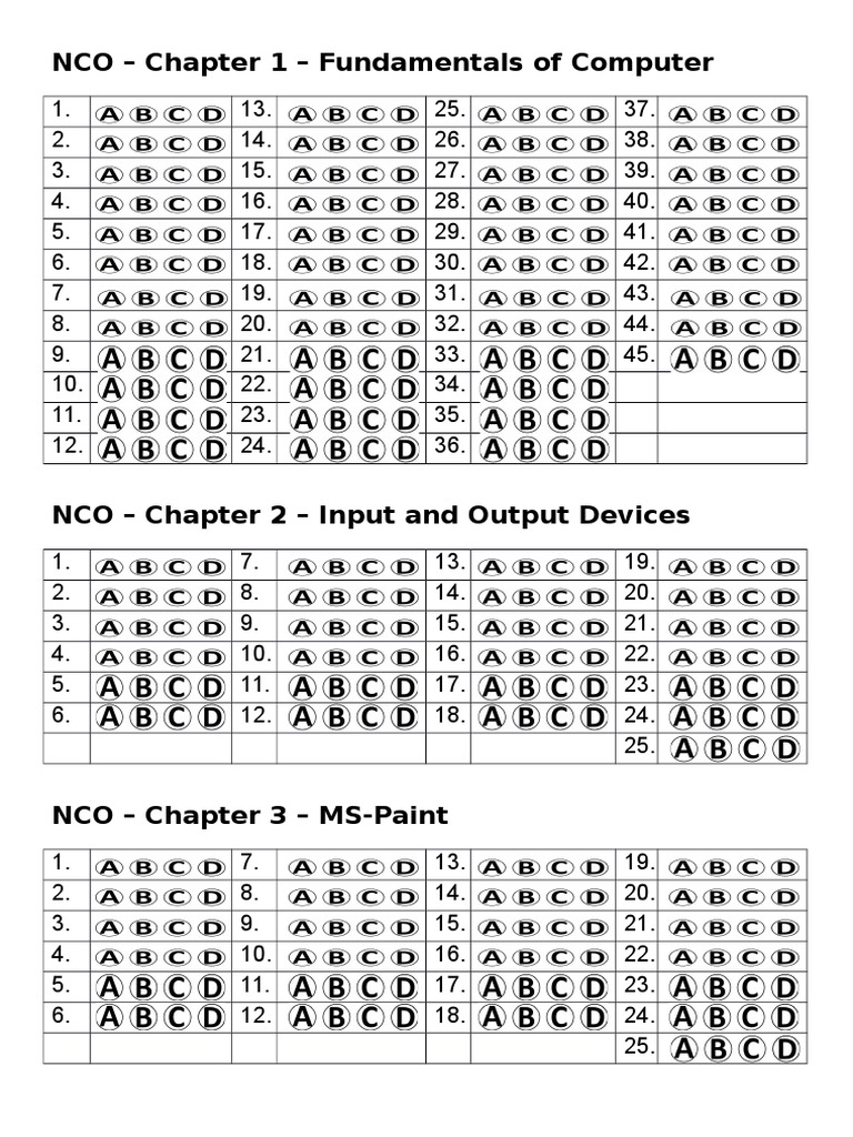 NCO - Answer Sheets | PDF