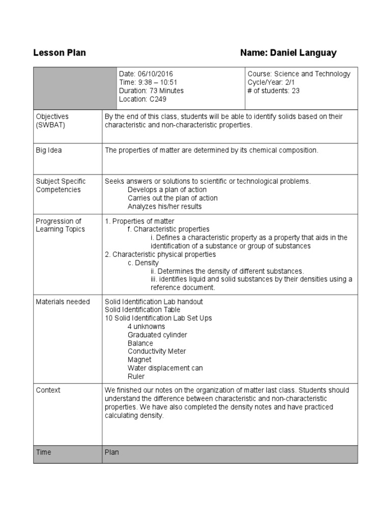 Lesson Plan Name: Daniel Languay | PDF | Solid | Density