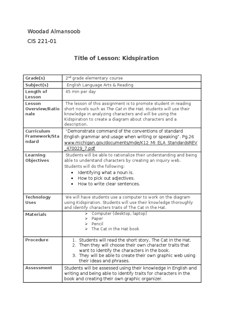 2nd Grade English Lesson: Kidspiration | PDF