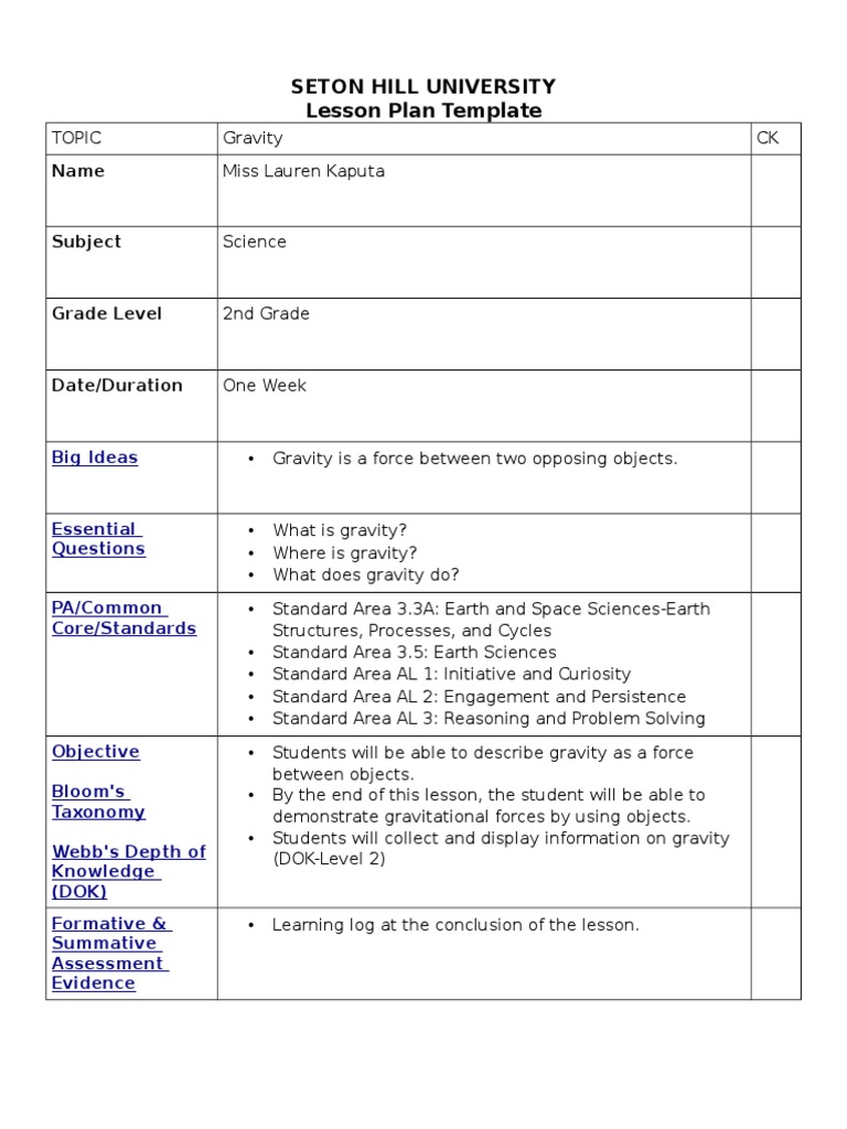 Seton Hill University Lesson Plan Template: Big Ideas | PDF | Lesson ...