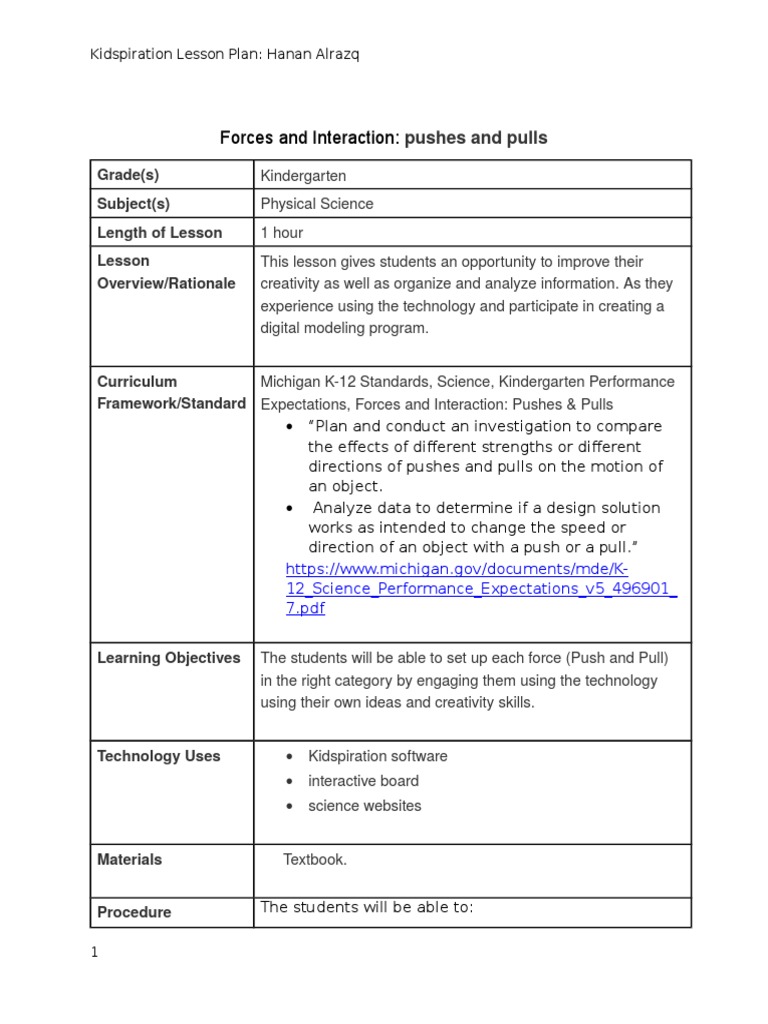 Kindergarten Forces Lesson Plan | PDF
