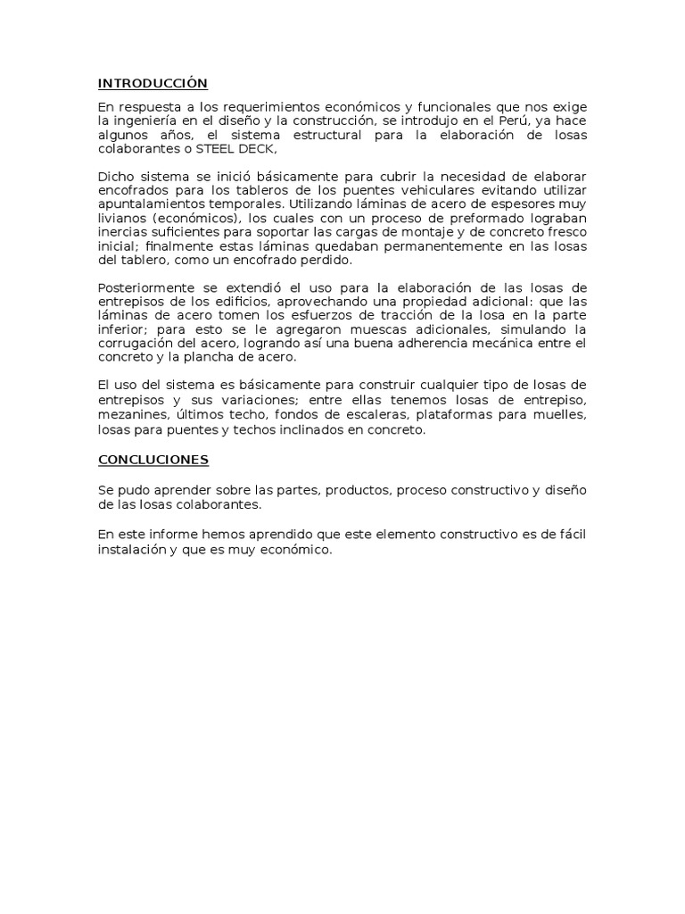 Introducción y Concluciones de Losa Colaborante | PDF Introducción y Concluciones de Losa Colaborante | PDF