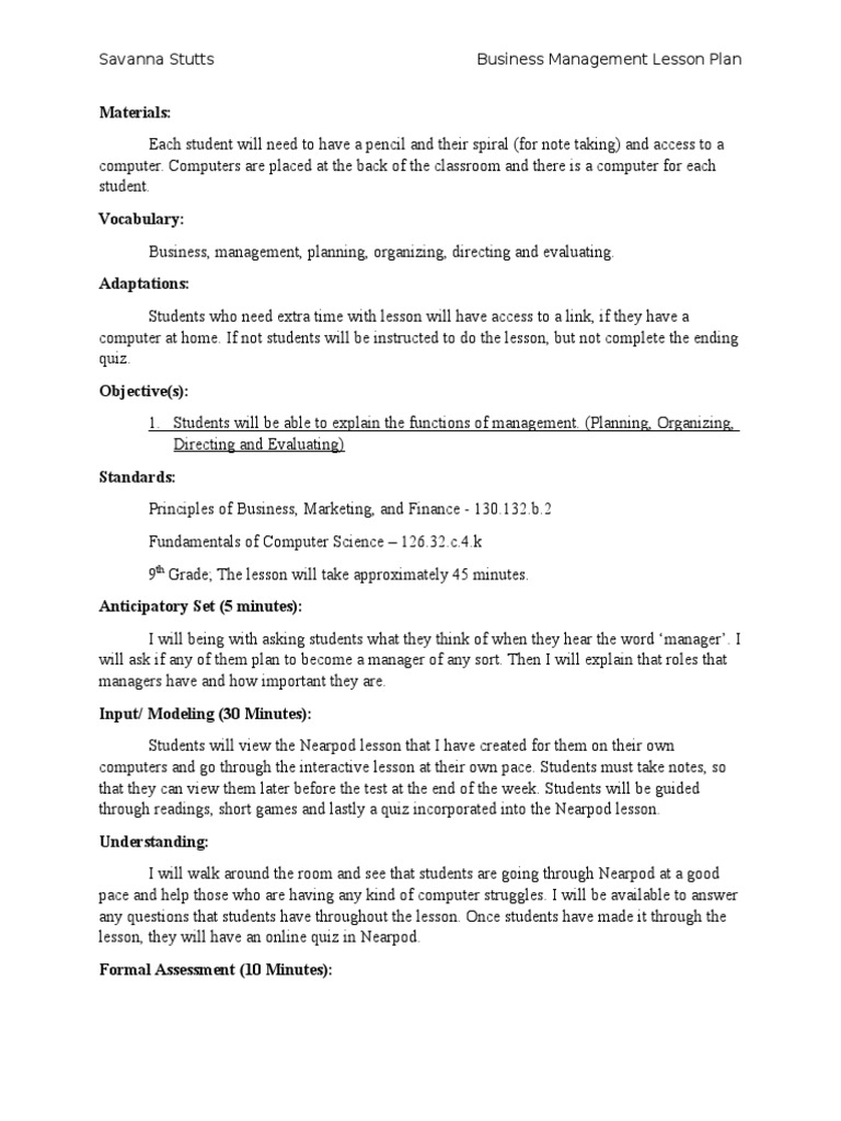 Business Management Lesson Plan for 9th Grade | PDF | Career & Growth